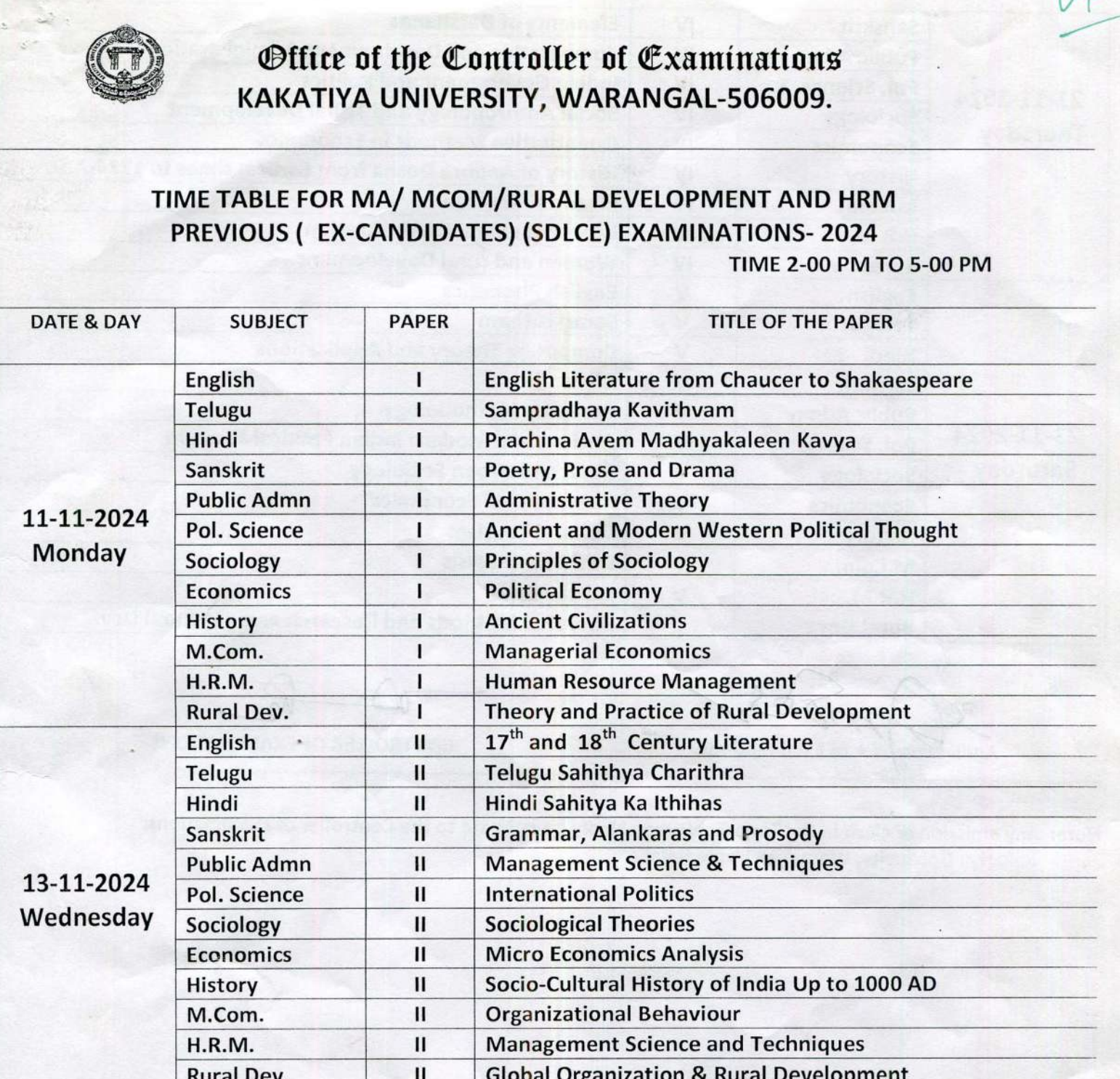 Kakatiya University Time Table 2025 1st 2nd 3rd Year Semester exam Date ...